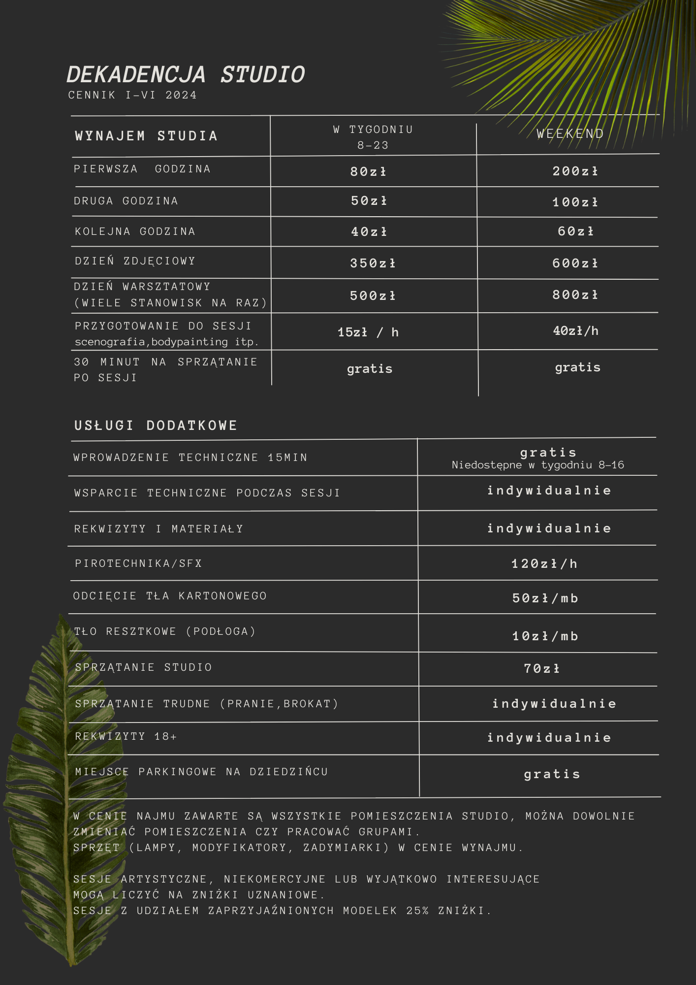 Cennik - Dekadencja Studio